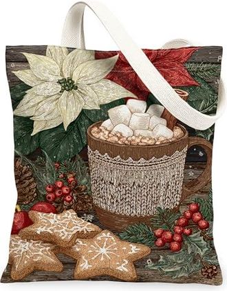 Generic Sacs fourre-tout en toile de No&euml;l, motif poinsettia, r&eacute;utilisables, en lin vintage, l&eacute;ger et lavable, multicolore, 13x15 Inch