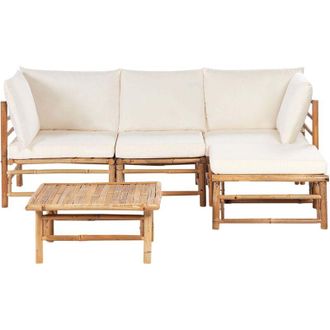 Beliani Garten Ecksofa mit Tisch 4-Sitzer CERRETO linksseitig Bambusholz Cremewei&szlig;