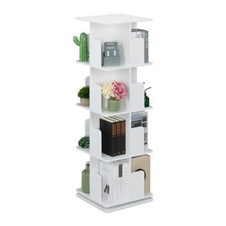 Relaxdays Wei&szlig;es B&uuml;cherregal, 360 Grad drehbar, 4 Ebenen, B&uuml;cher, CDs, Deko, HBT: 125,5x39x39 cm, Wohnzimmer Drehregal, Wei&szlig;