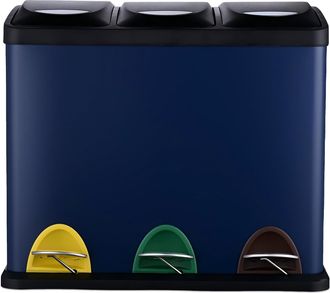 Relaxdays Mülleimer, 3 Fächer, 24 L, Fußpedal, Inneneimer, Mülltrenner Küche, HBT: 39,5 x 46 x 26,5 cm, Eisen, blau