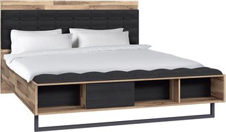 Loftscape home24 Bettgestell Merkin 160 x 200cm Kunstleder Schwarz/Beige Eiche