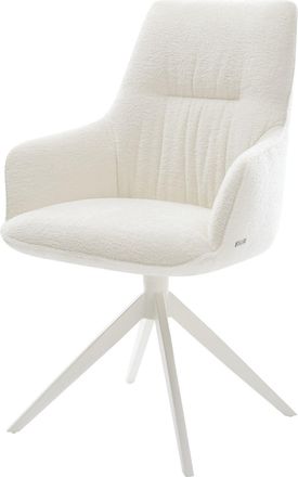 DELIFE Esszimmerstuhl Zelia-Flex mit Armlehnen Kreuzgestell breit Wei&szlig; Boucl&eacute; Soft Beige 360&deg; drehbar Wippfunktion Taschenfederkern