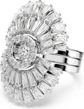 Swarovski Idyllia Ring Set, Drei Weiße und Rhodinierte Damenringe in Muschelform und mit Brillanten Swarovski Kristallen