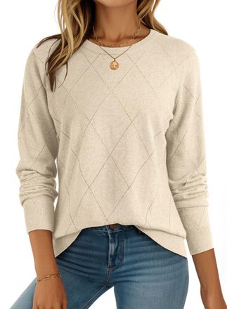 Dokotoo Pullover Damen Herbst Winter Wollmischung Rundhals Strickpullover Oberteile Langarm Warm Pulli Tops Casual Leichte Sweater Rautenmuster Weich Strickpu