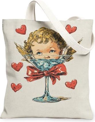 Generic Sacs fourre-tout vintage en toile, motif coeur fantaisie, sacs &agrave; provisions r&eacute;utilisables, l&eacute;gers et lavables avec bandouli&egrave;re en toile F, beige, 13x1