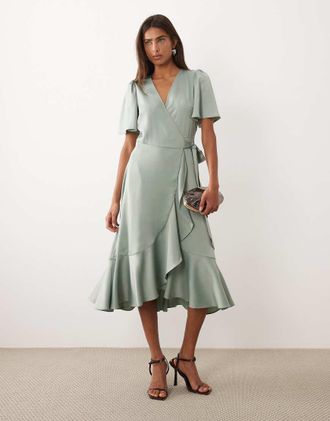 Vero Moda Robe portefeuille mi-longue en satin - Vert sauge