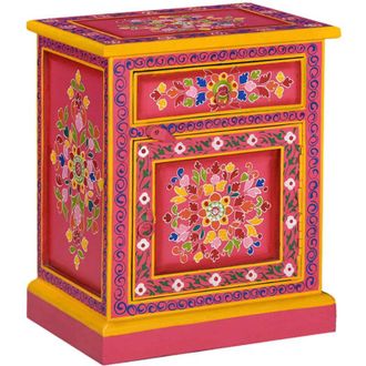 vidaXL Vidaxl - Table de chevet en bois de manguier massif - Peinture &agrave; la main - 1 tiroir et 1 armoire - Dimensions 40x30x50 cm - Style r&eacute;tro multicolore