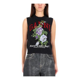 Ganni Femme, Tops, Noir, Taille: M Graphic Wool Mix Flowers Vest