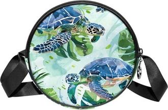 Generic Petit sac &agrave; bandouli&egrave;re rond pour femme, motif tortue tropicale, bleu tropical, avec fermeture &eacute;clair, bretelles r&eacute;glables, sac &agrave; main rond d&eacute;contract