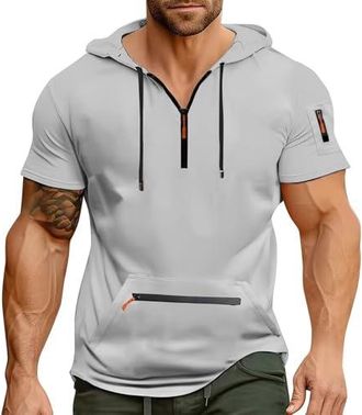 Generic T-shirt pour homme - Avec capuche - Manches courtes - Avec poches - Cordon de serrage - Pour l&eacute;t&eacute; - Court - Couleur unie - Sport - T-shirt personnalis