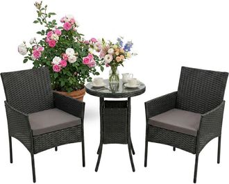 Relaxdays Relaxdays Gartenm&ouml;bel Set, 3-tlg. Rattan Sitzgruppe, 2 Personen, 2x Sessel & Glastisch, Loungem&ouml;bel, outdoor, schwarz