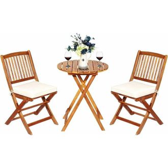 Costway 3-TLG. Klappbares Balkonset mit rundem Tisch & 2 St&uuml;hlen, mit Kissen, aus Akazienholz, Gartenm&ouml;bel-Set, Garten Sitzgruppe f&uuml;r In & Outdoor