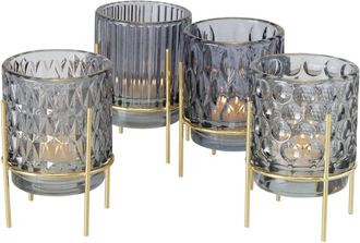 Boltze 4 x Windlicht Noria Glas H&ouml;he 11 cm dunkelgrau, St&auml;nder, Tischdeko