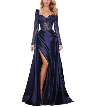 Generic Élégante robe formelle - Corsage illusion de perles, jupe trapèze et tenue de fête, bleu marine, 54 Grande taille