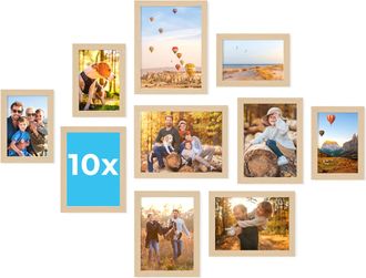 Photolini Bilderrahmen Set verschiedene Gr&ouml;&szlig;en, Bilderwand Collage 10 Rahmen, Bilderrahmen-Set Natur Holz MDF zum Aufstellen & Aufh&auml;ngen, Acrylglas, photo frame