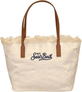 Saint Barth Femme, Sacs, Beige, Taille: ONE Size Grand cabas en denim avec dentelle Sangallo et anses en cuir