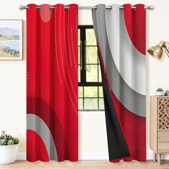 Generic Bedruckte Blickdichte Vorh&auml;nge Rot, Einfach Geometrisch Kreisf&ouml;rmig Muster W&auml;rmeisoliert UV-Schutz Vorh&auml;nge mit &Ouml;sen - H 210 x B 110 cm (2er Pack) Far