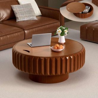 Generic Runder Couchtisch mit Stauraum f&uuml;rs Wohnzimmer, moderner runder Beistelltisch im Landhausstil mit geriffeltem Trommelfu&szlig;, Wohnzimmerm&ouml;bel f&uuml;r kleine W