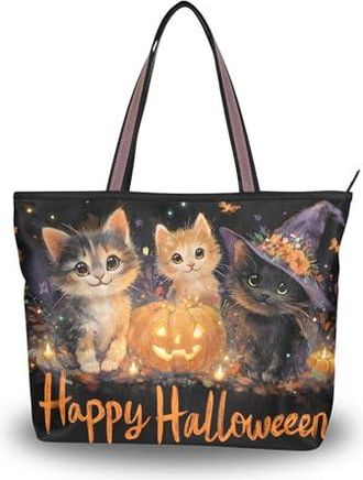 Alaza Grand sac fourre-tout, sac à bandoulière pour femme, sac à main décontracté, sac à main décontracté, motif chats, Halloween, citrouille, sac de course