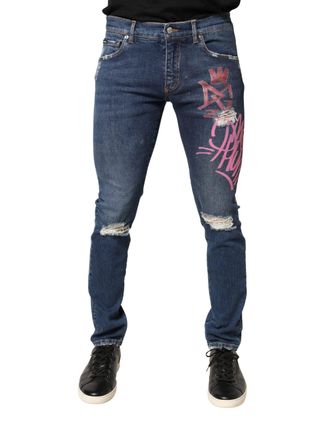 Dolce & Gabbana Mens Blue Distressed Graffiti Print Skinny Jeans Cotton Elastane Clothing