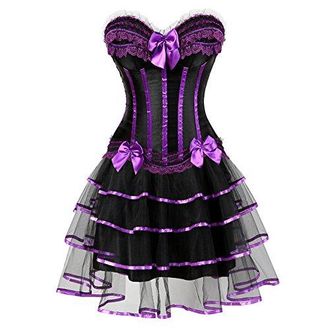 Grebrafan Corset &agrave; Rayures et Jupe Tulle Femme Ensemble Bustier Burlesque (EUR(36-38) L, Violet)
