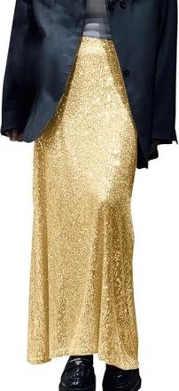 Generic Jupe amincissante &agrave; paillettes taille haute pour femme - Taille &eacute;lastique - Jupe droite taille haute - Plus, jaune, 3XL