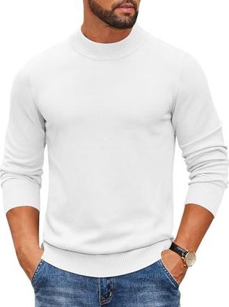 Coofandy Pull pour Homme &agrave; Col Rond et Manches Longues Pull &agrave; Col Roul&eacute; Tricot&eacute; Mock Turtleneck Sweater Pull L&eacute;ger Blanc L
