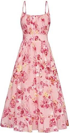 Grace Karin Mini robe dété pour femme avec bretelles spaghetti évasée et froncée sans manches à motif floral, Rose avec fleur rouge, XL