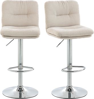 HOMCOM 2er Set Barhocker, hohe gepolsterte Leinen-K&uuml;chenhocker mit Verstellbarer H&ouml;he 64-86 cm, R&uuml;ckenlehne, Fu&szlig;st&uuml;tze, gepolsterter Sitz und Stahlfu&szlig;, Beige
