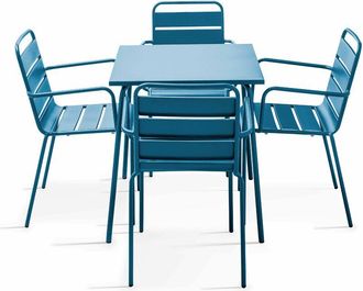 Oviala Ensemble table de jardin carr&eacute;e et 4 fauteuils acier bleu pacific - Palavas