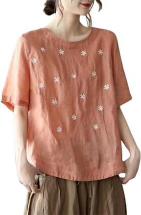 Generic T-shirt d&eacute;t&eacute; pour femme avec broderies et lin d&eacute;contract&eacute; - Design r&eacute;tro litt&eacute;raire - Couleur unie - Manches courtes, rouge, 3XL