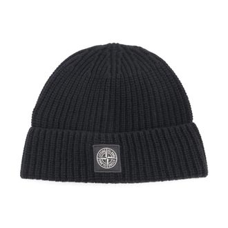 Stone Island Bonnet en maille c&ocirc;tel&eacute;e avec &eacute;cusson logo - Homme - Accessoires - Noir - Taille: ONE Size