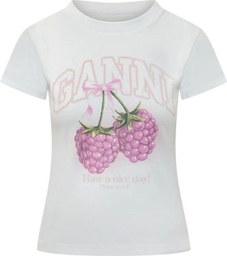 Ganni Femme, Tops, Blanc, Taille: 42 FR T-shirt Baby Fit avec Framboise