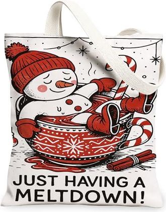 Generic Sacs fourre-tout en toile motif bonhomme de neige de No&euml;l, sacs d&eacute;picerie r&eacute;utilisables, l&eacute;gers et lavables avec bandouli&egrave;re, Rouge, 13x15 Inch