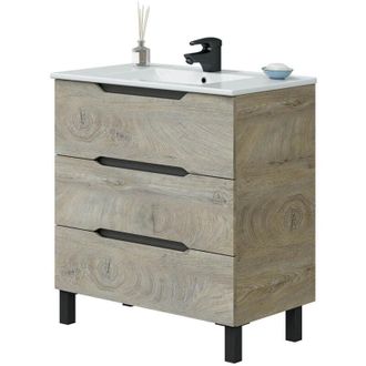 PEGANE Meuble de salle de bain 80cm avec 3 tiroirs sans poign&eacute;e coloris ch&ecirc;ne &agrave; noeuds - Longueur 80 x Profondeur 45 x Hauteur 86 cm