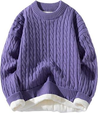 Generic Pull en Maille torsad&eacute;e &eacute;paisse pour Homme, col Ras du Cou, Manches Longues, &eacute;l&eacute;gant, textur&eacute;, d&eacute;contract&eacute;, Violet, Taille L