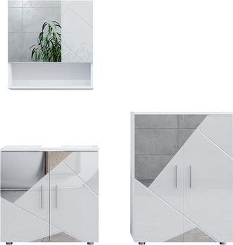 Vicco Badmöbel-Set Weiß Hochglanz mit Einsätzen Irma, bestehend aus Bad Spiegelschrank, Waschbeckenunterschrank, Midischrank - Versteckter Stauraum hinter e