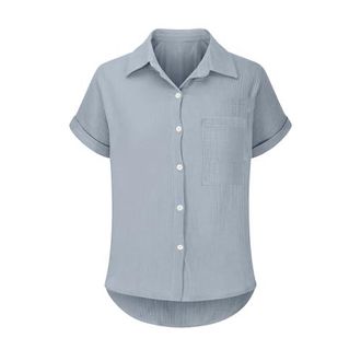 Generic Chemise en lin pour femme - Manches courtes - Col en V - Boutonn&eacute; - D&eacute;contract&eacute; - En mousseline - Chemisier basique - L&eacute;ger et respirant - Chemisier d