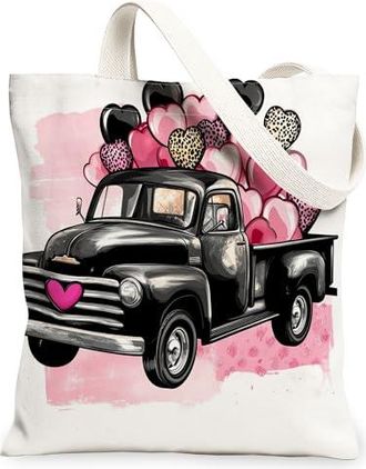 Generic Sacs fourre-tout en toile avec imprim&eacute; coeur pour la Saint-Valentin, motif camion vintage, sacs d&eacute;picerie r&eacute;utilisables, l&eacute;gers et lavables en toile p