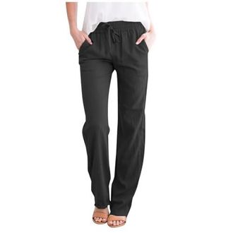 Generic Pantalon en lin pour femme Printemps &eacute;t&eacute; habill&eacute; taille haute avec cordon de serrage en coton droit Pantalon de d&eacute;tente Pantalon de plage, Noir, 3XL