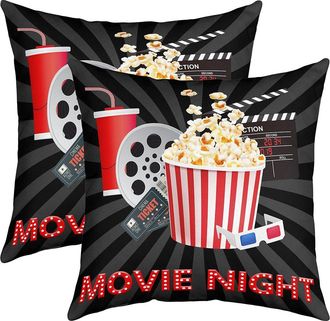 Generic Kissen Dekokissen Film 3D Vintage Kino Popcorn Glitzer 2Er Set Polyester Dekokissenbezug Für Bank Kinder Gartenmöbel