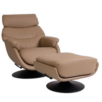 Hhg Relaxsessel mit Hocker HHG 356, Fernsehsessel Sessel, Wippfunktion drehbar, Metall Echtleder/Kunstleder taupe