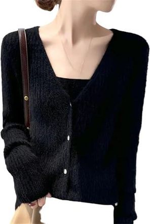 Generic Cardigan dhiver en cachemire et vison pour femme - Col en V - Base polyvalente, Noir/blanc, XS