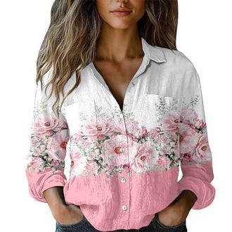 Generico Chemise Femme Curvy &agrave; Manches Longues Blouse Coton Et Lin D&eacute;contract&eacute; Respirant T Shirt Col en V Mode Chemisier Vintage Fantaisie avec Boutons Doux Ch