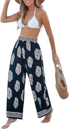 Cupshe Pantalon palazzo bohème à jambes larges pour femme, pantalon fluide taille haute pour femme, coupe décontractée, bleu marine, L