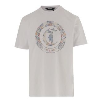 Just Cavalli Homme, Tops, Blanc, Taille: XL Cotton T-Shirt With Print