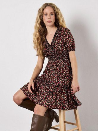 Apricot Minikleid Mini-Kleid mit Smokdetails und Blumenmuster