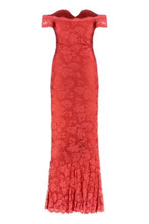 Balensi Womens Red Lace Heart-Neck Long Dress Polyamide; Viscose; Elastane