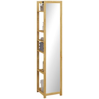 HOMCOM Badezimmerschrank mit Spiegel, Aufbewahrungsregal mit 6 Regalb&ouml;den, aus nat&uuml;rlichem Bambus, 35 x 35 x 168 cm, Naturholzoptik