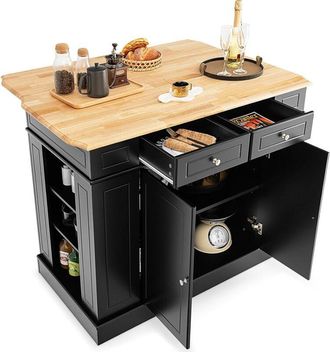 Costway Ilot Central Cuisine Comptoir en Bois dHévéa Pliable, Étagères Réglables à 3 Niveaux, Desserte de Cuisine de Service avec Tiroirs, Supports Latéraux